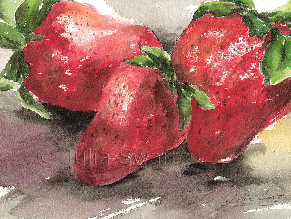 Three Strawberries Watercolor Painting