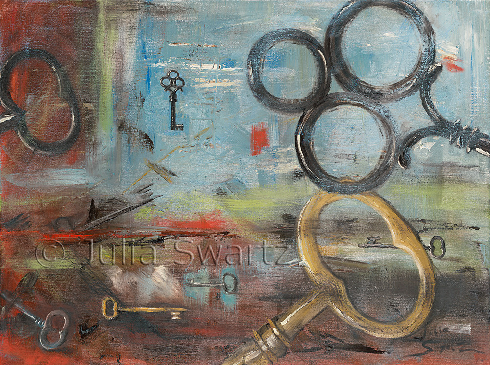 Unlocking the Past Keys Abstract Oil Painting