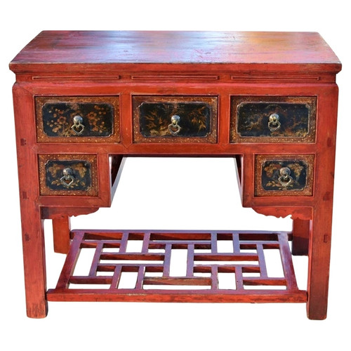 Antique Red Lacquered Table w Screen Base - BAO ANTIQUES