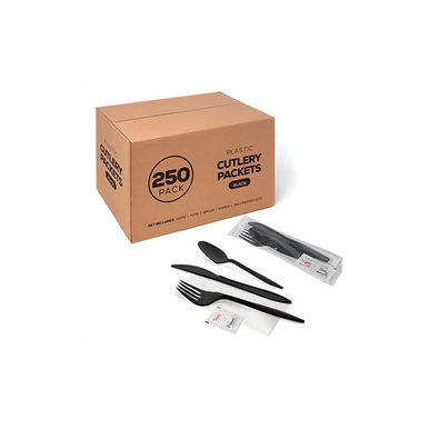 250 Plastic Cutlery Packets - Knife Fork Spoon Napkin Salt Pepper Sets ...