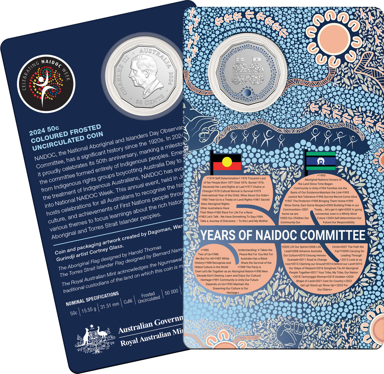 2024 50c 50 Years of NAIDOC Committee Coloured Uncirculated Coin - Town Hall Coins and Collectables