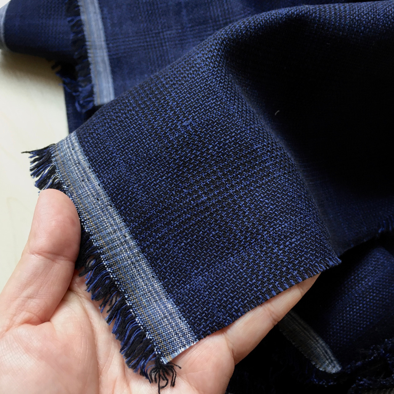 193gsm dark blue plaid linen, last 1.1m - WiththeWeave