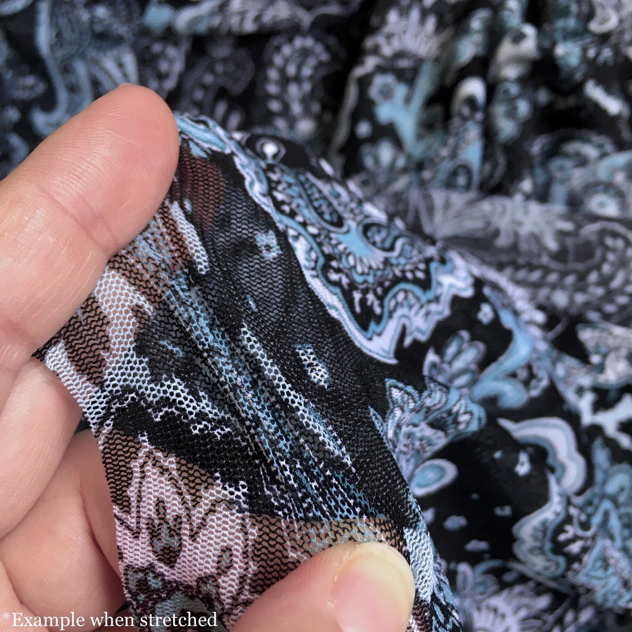 Polyester stretch mesh green paisley 71gsm, by metre - WiththeWeave