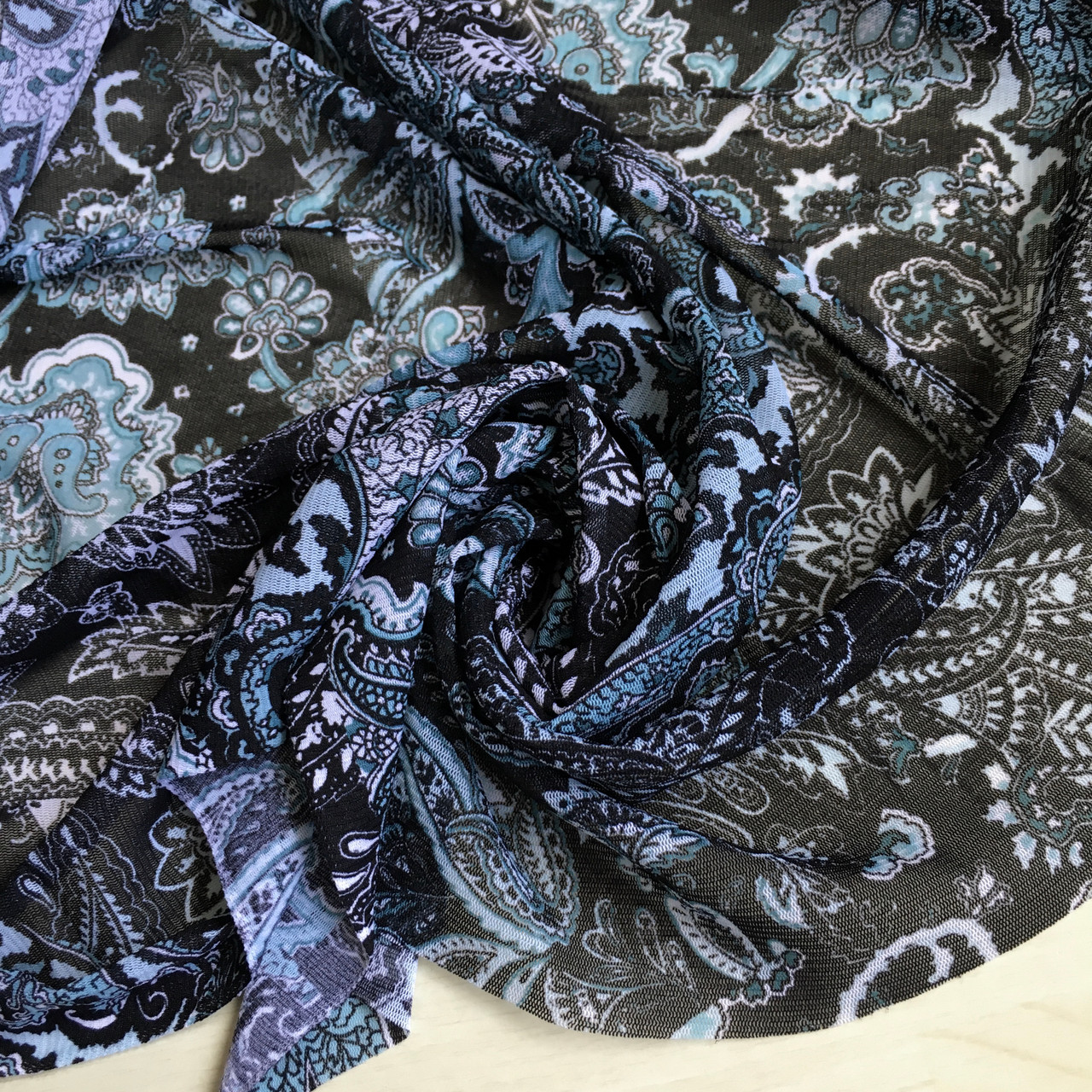 Polyester stretch mesh green paisley 71gsm, by metre - WiththeWeave