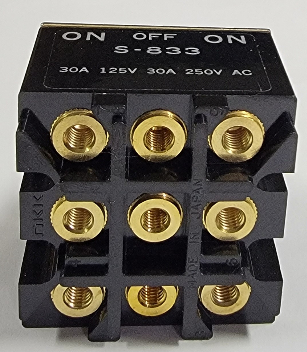 S-833 NKK 30 Amp Box Toggle Switch, 3 Pole On-Off-On, Screw Terminals
