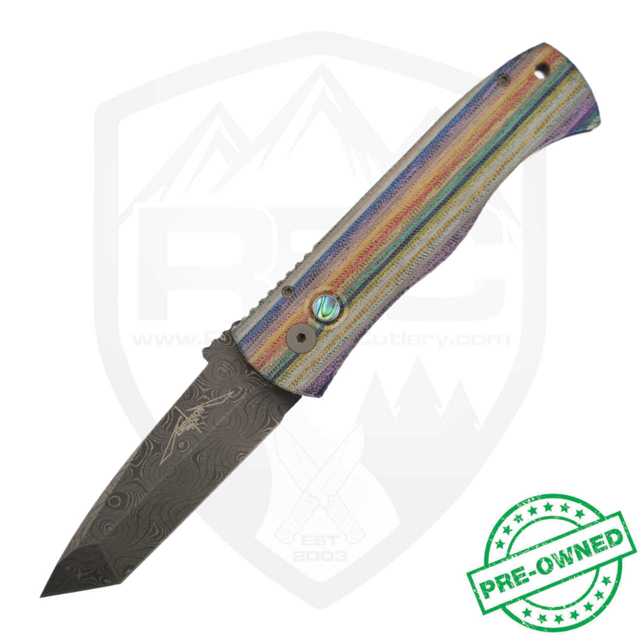 Protech CQC7 Mexican Blanket Micarta Damascus w/ box, Pre-Owned