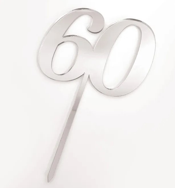 Cake Topper - Number 60 Silver Mirror Acrylic - Bake and Deco Warehouse