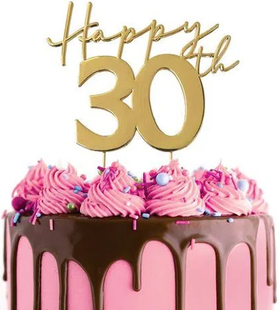 Metal Cake Topper - ( Cursive ) Happy 30th - Gold - Bake and Deco Warehouse