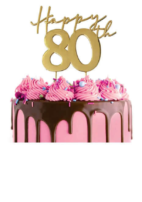 Metal Cake Topper - ( Cursive ) Happy 80th - Gold - Bake and Deco Warehouse