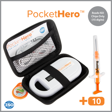 PocketHero Handheld Reader + 10 ISO Buddy-ID Microchips Bundle