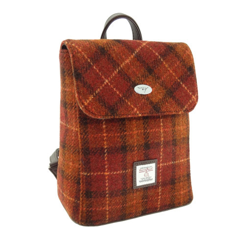 Harris Tweed | 'Tummel' Mini Backpack in Rust with Orange Overcheck ...