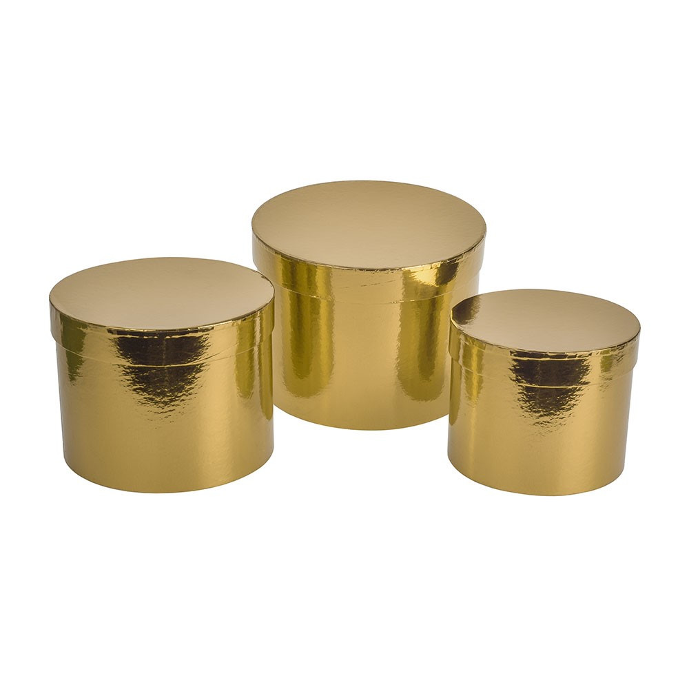 Hat Box Metallic Gold Set of 3 Largest - D19 x H14.4cm - Country Baskets