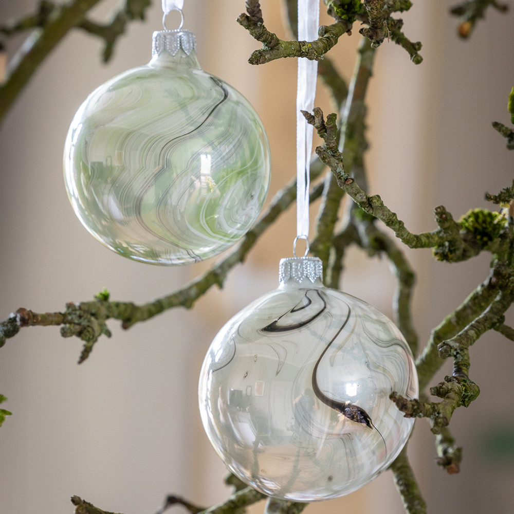 Green Marbled Glass Baubles | Christmas Decorations | Sarah Raven