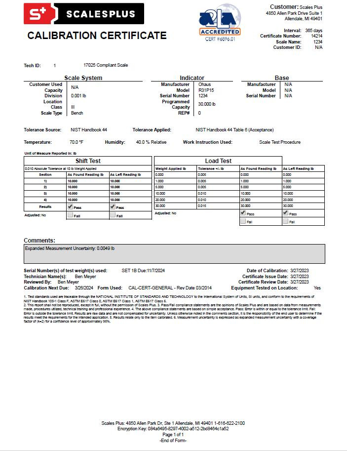 Scales Plus ISO 17025:2017 Accredited Calibration Certificate - Scales Plus