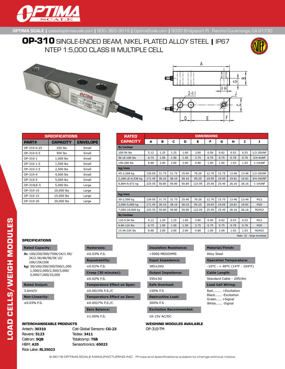 Optima OP-310-1 1000 lb Single Ended Beam Load Cell, NTEP - Scales Plus