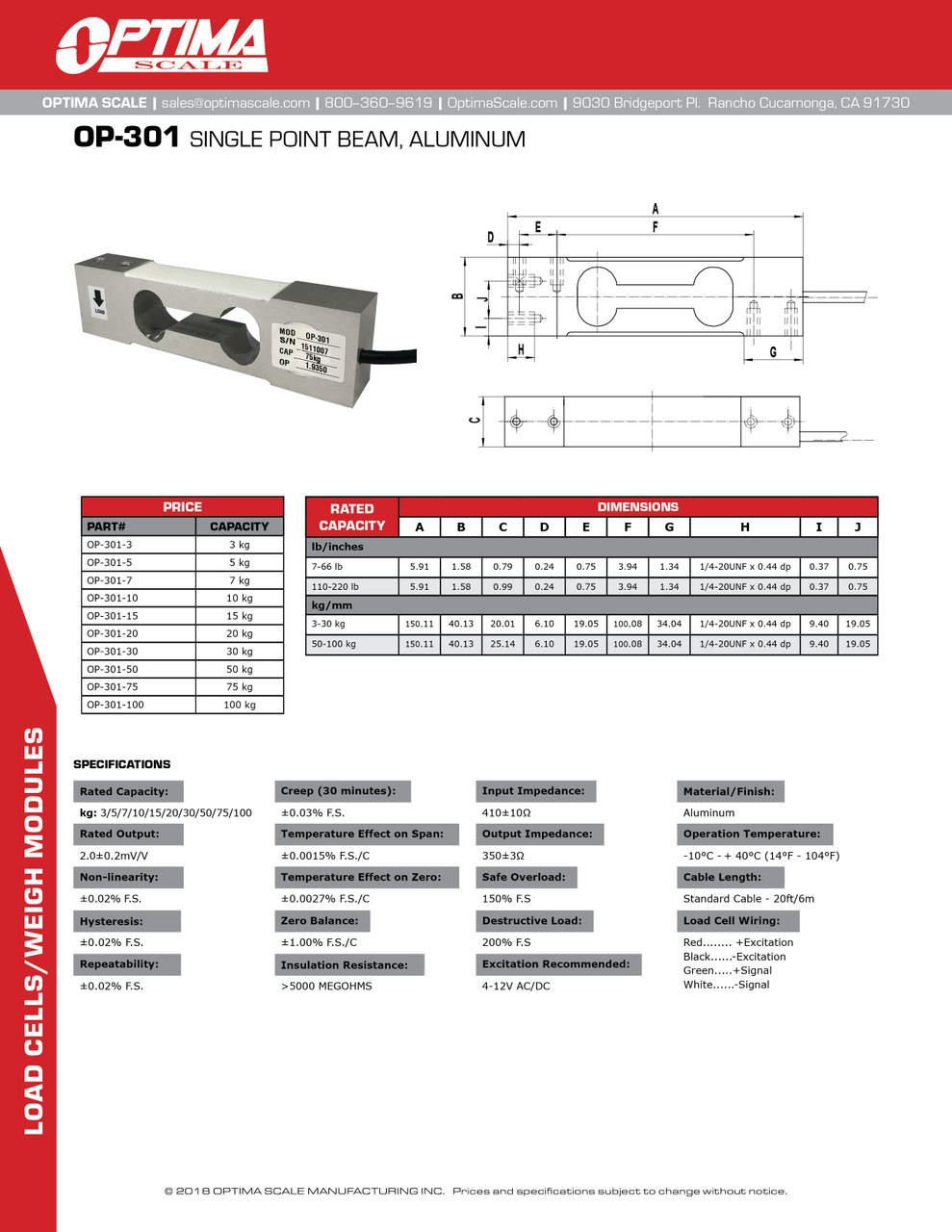 Optima OP-301-100 100 kg Single Point Aluminum Load Cell - Scales Plus