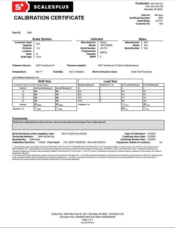 Scales Plus NIST Traceable Calibration Certificate - Scales Plus