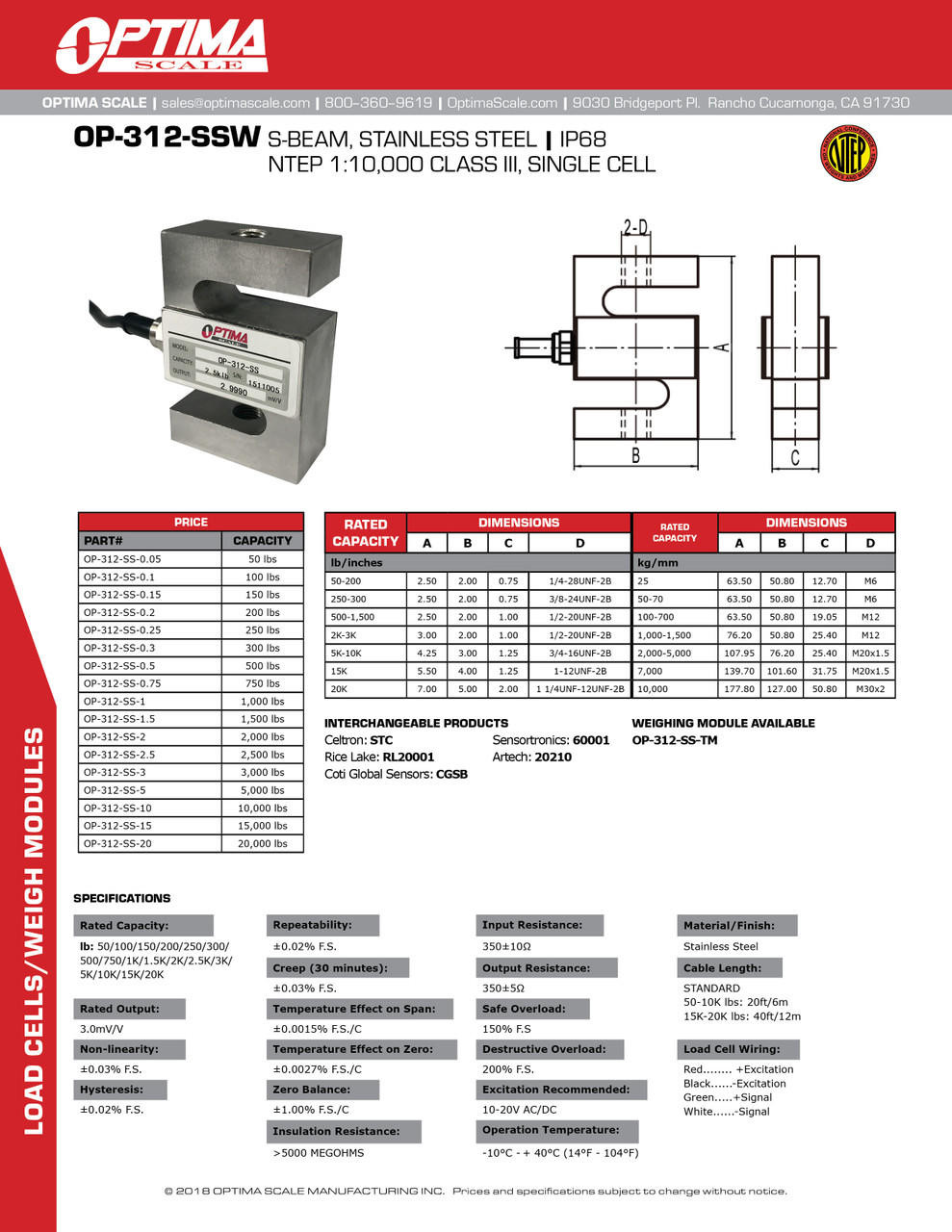Optima OP-312-3 3000 lb S-Beam Load Cell - Scales Plus