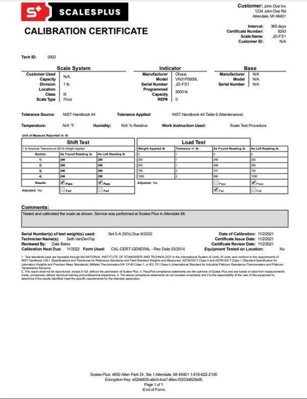 Scales Plus NIST Traceable Calibration Certificate, Up to 2000 lb Test ...