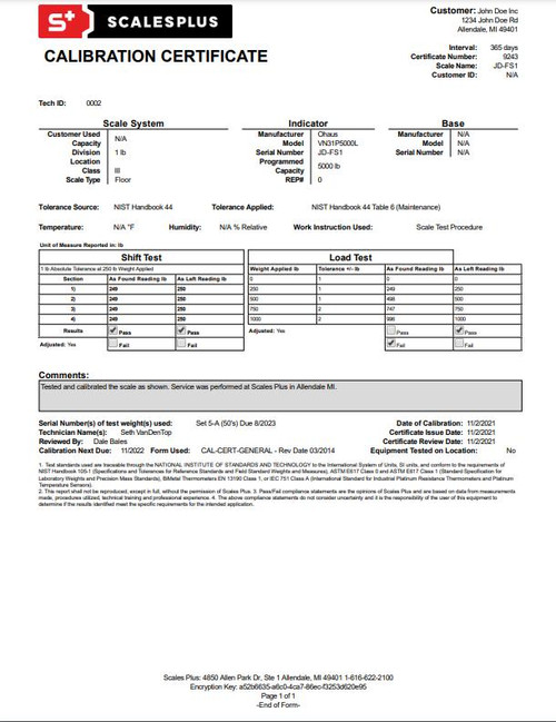 Scales Plus NIST Traceable Calibration Certificate, Up to 1000 lb Test ...