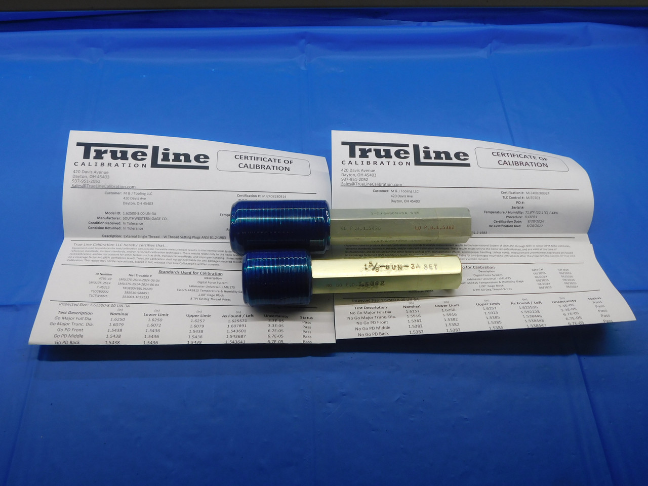 CERTIFIED 1 5/8 8 UN 3A SET THREAD PLUG GAGE 1.625 GO NO GO = 1.5438 ...