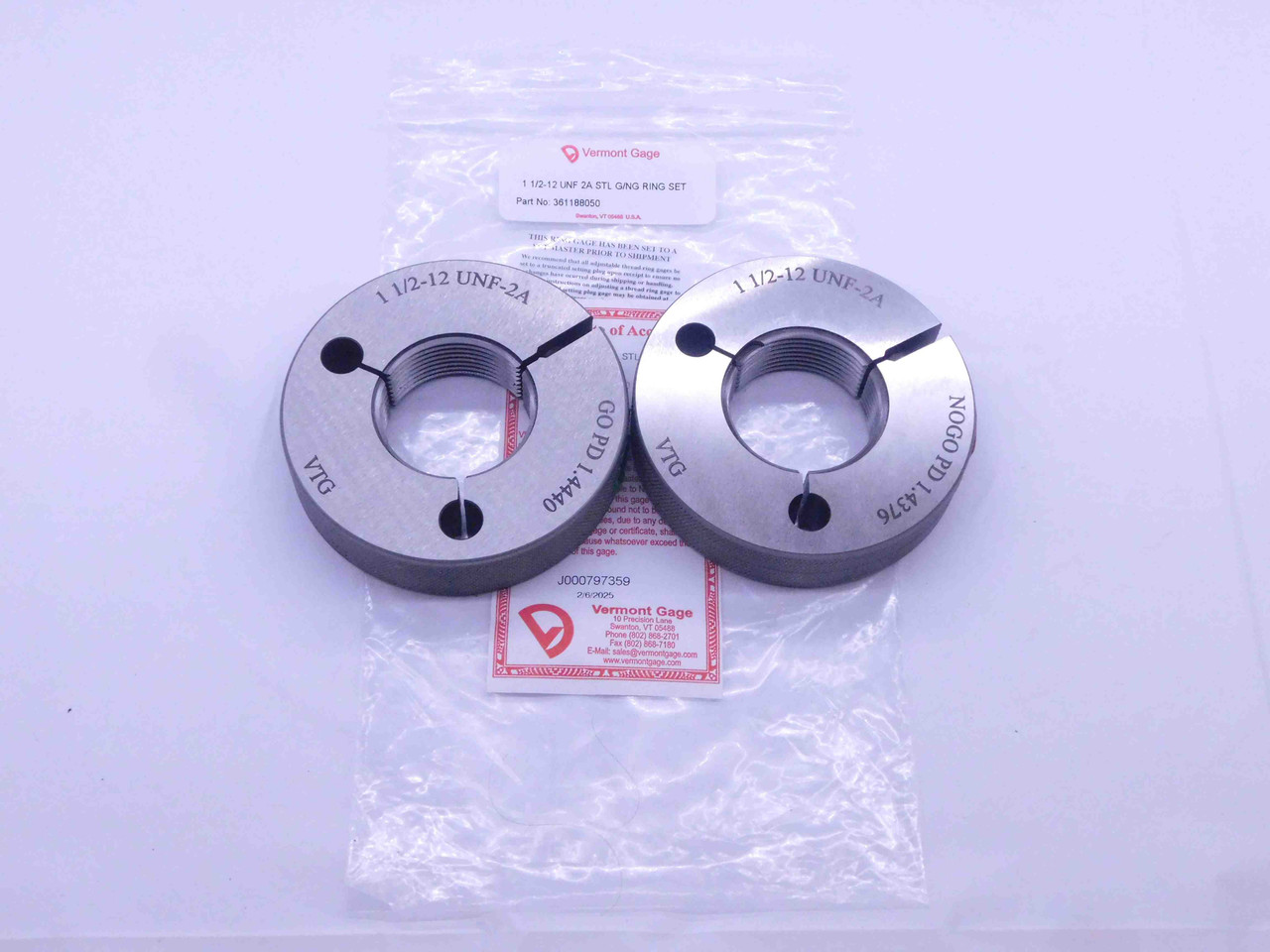NEW 1 1/2 12 UNF 2A VERMONT THREAD RING GAGES 1.5 GO NO GO PDS= 1.4440 & 1.4376 - DW33119VTG - M ...