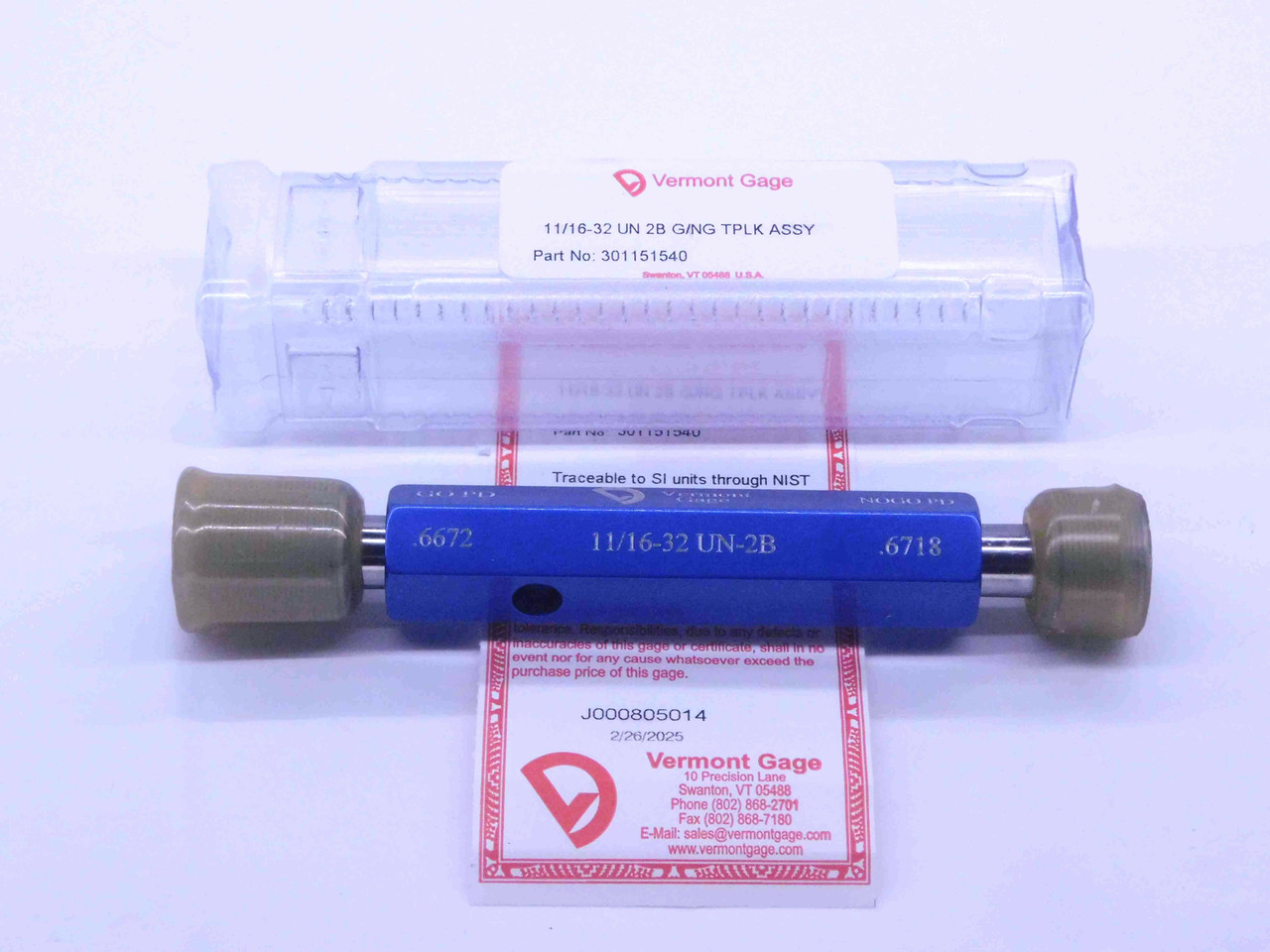 NEW 11/16 32 UN 2B VERMONT THREAD PLUG GAGE .6875 GO NO GO PD'S = .6672 ...