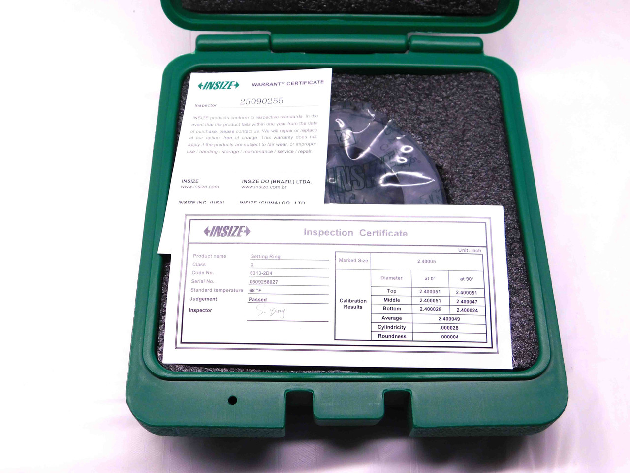 INSIZE 2.5000 CLASS X MASTER PLAIN BORE SETTING RING GAGE 63.500 mm ...