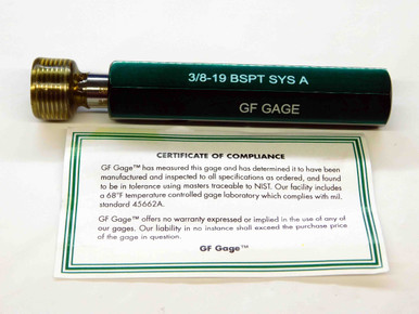 NEW 3/8 19 BSPT SYSTEM A Thread Plug Gage | CH2519GFG | M & J Tooling LLC