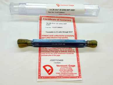 NEW 1/4 28 UNJF 3B VERMONT THREAD PLUG GAGE .25 GO NO GO P.D.'S = .2268 ...