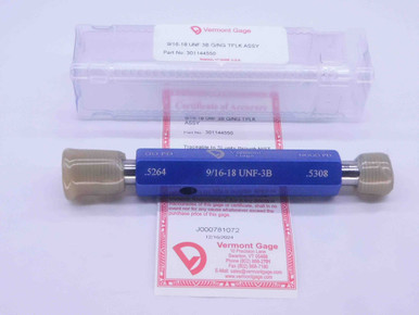 NEW 9/16 18 UNF 3B VERMONT THREAD PLUG GAGE .5625 GO NO GO PD'S = .5264 ...
