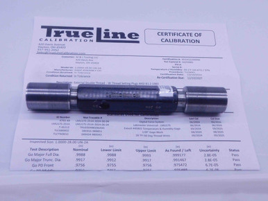 CERTIFIED 1" 28 UN 2A SET THREAD PLUG GAGE 1.0 GO NO GO P.D.'S = .9756 ...