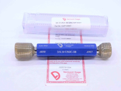 NEW 3/4 10 UNJC 3B VERMONT THREAD PLUG GAGE .75 GO NO GO P.D.'S = .6850 ...