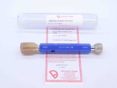 NEW 1/2 13 UNC 3B VERMONT THREAD PLUG GAGE .5 GO NO GO P.D.'S = .4500 & .4548 - DW33050VTG - M ...