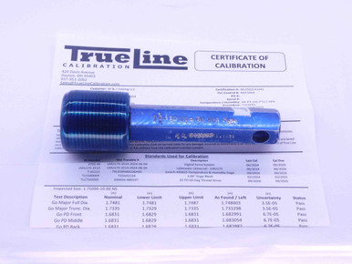 CERTIFIED 1 3/4 10 NS SET THREAD PLUG GAGE 1.75 1.750 GO ONLY P.D. = 1. ...