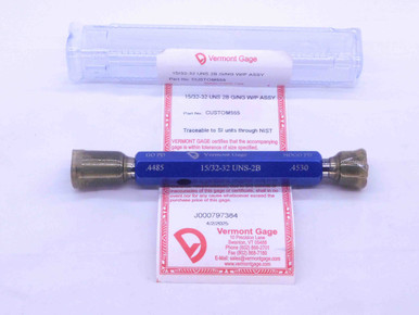 NEW 15/32 32 UNS 2B VERMONT THREAD PLUG GAGE .4687 GO NO GO PD'S = .4485 & .4530 - DW34202VTG ...