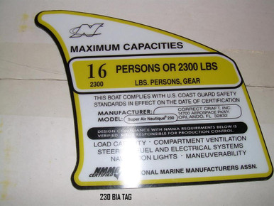 DECAL, MAX CAP SAN 230, 16 PERSONS 2300 POUNDS - Nautiqueparts.com