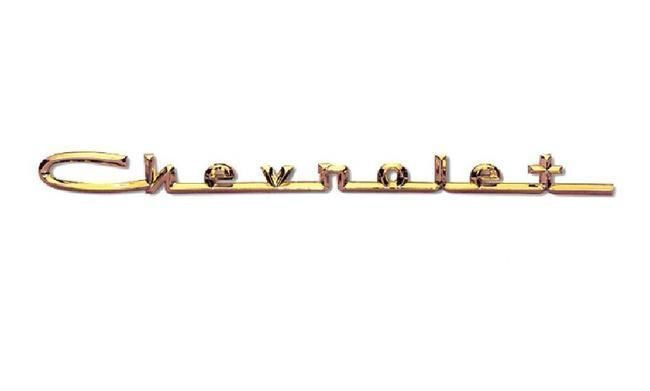 57 1957 Chevy Bel Air V8 Hood Trunk Gold Script Emblem - I-5 Classic Chevy