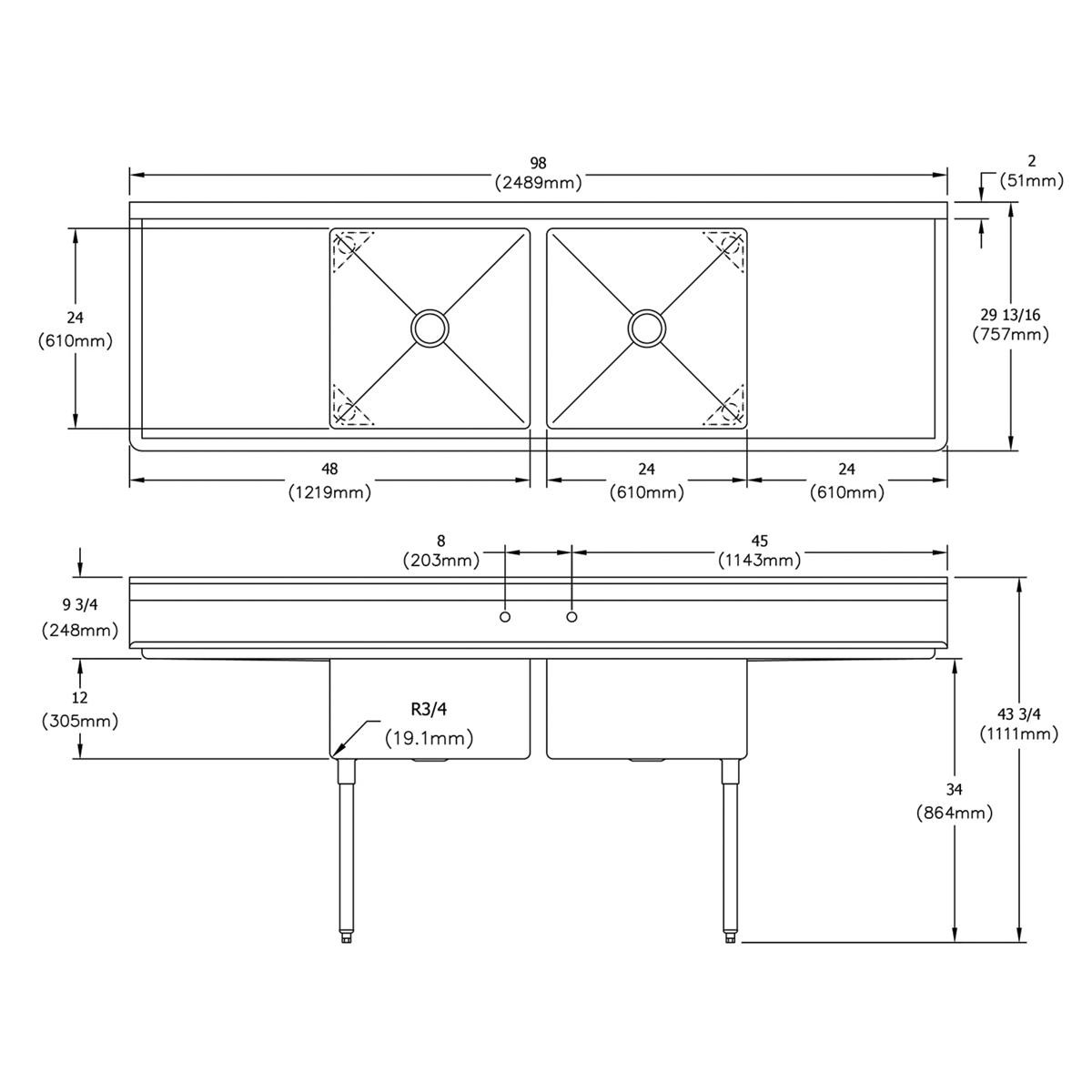 Elkay Dependabilt Stainless Steel 98" x 29-13/16" x 43-3/4" 18 Gauge ...