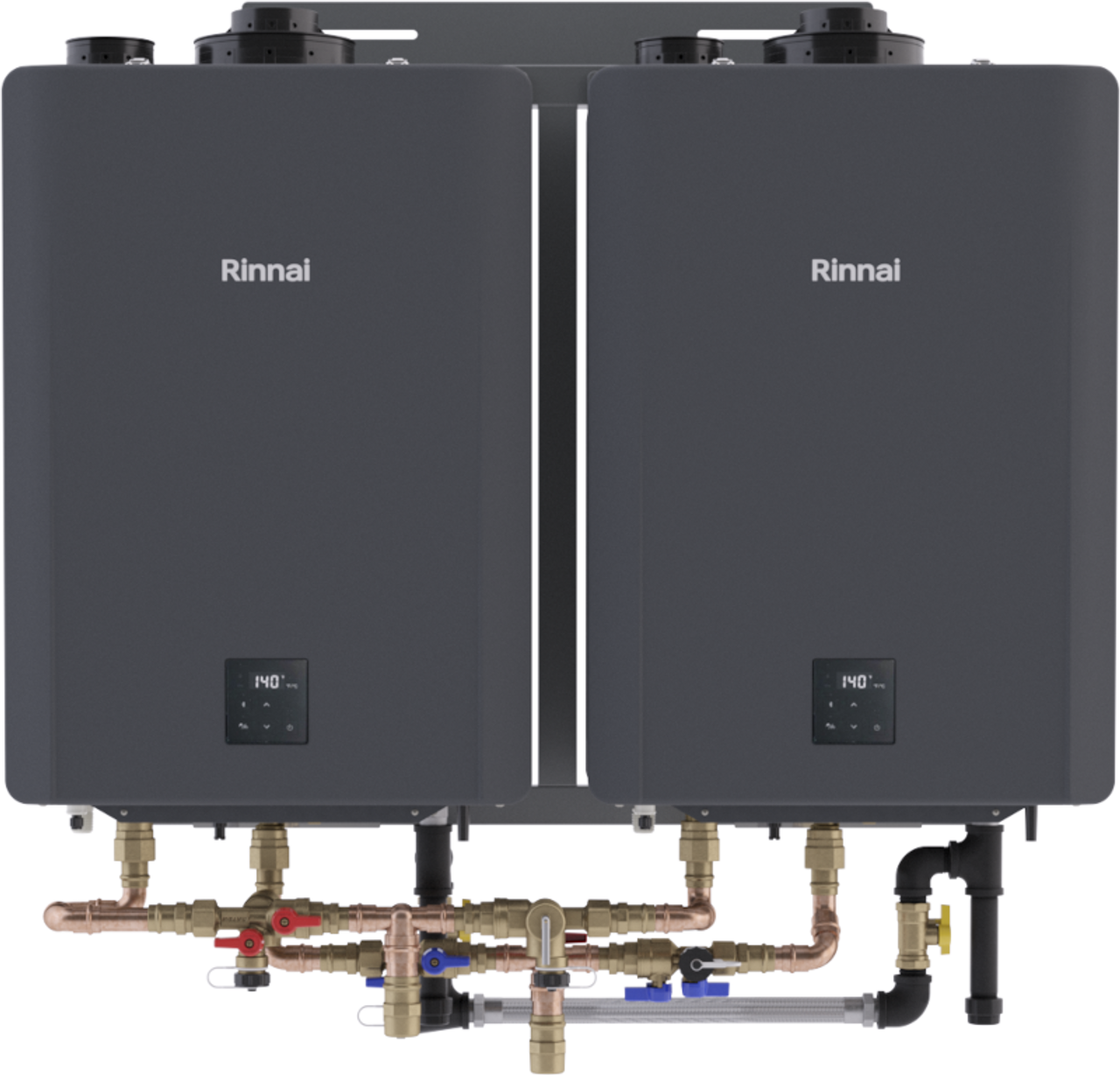 Rinnai TRX Series 22 GPM 398,000 BTU Indoor Outdoor 2 Unit Sensei CX Tankless Water Heater ...