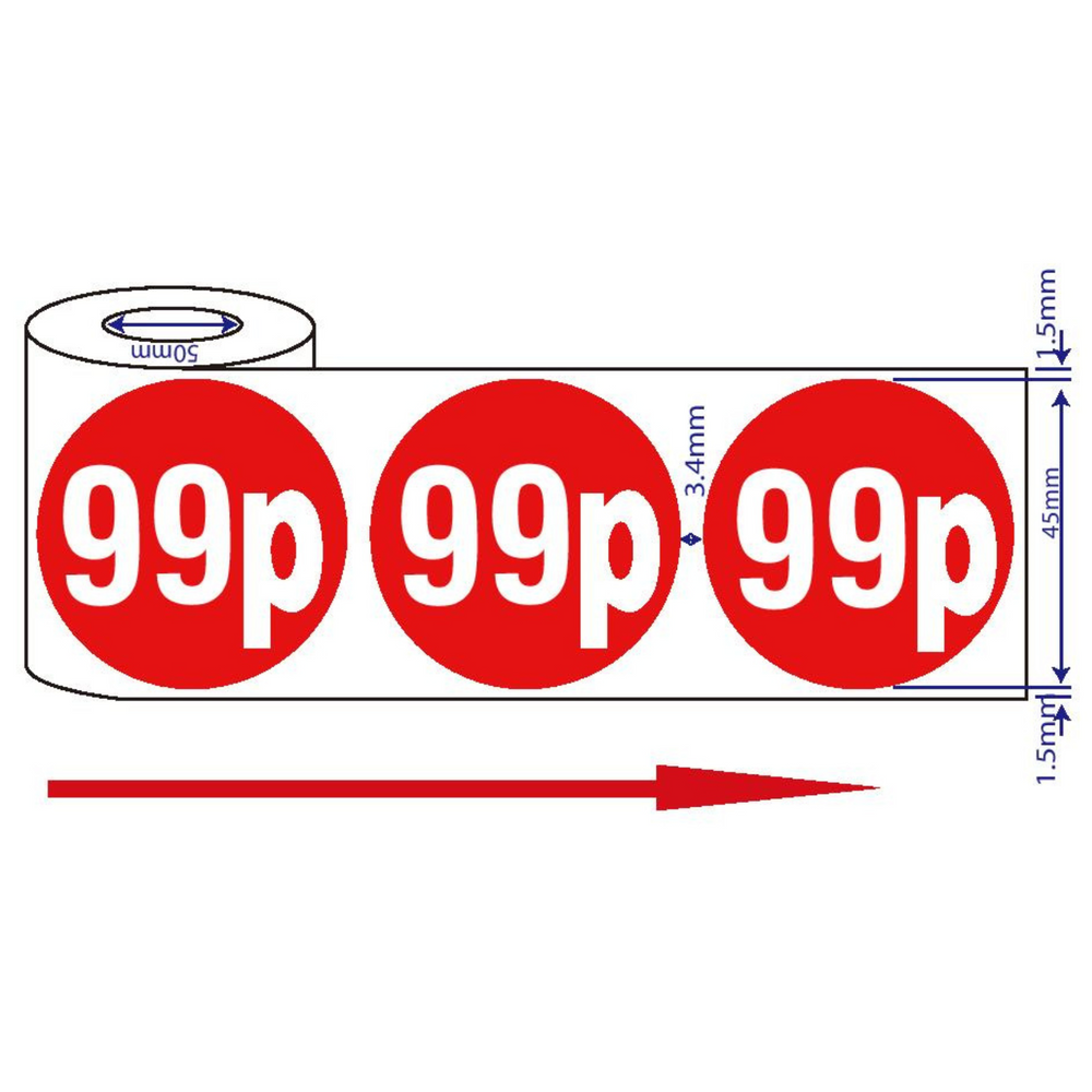 500x 45mm 50p-99p Red Self Adhesive Stickers