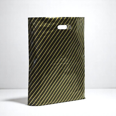 500x Black And Gold Strong Plastic Carrier Bags Striped Shopping Retail ...