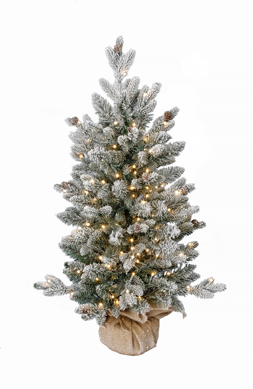 Flocked Mini Table Top Spruce Trees w/Pinecones & LED Lights ...