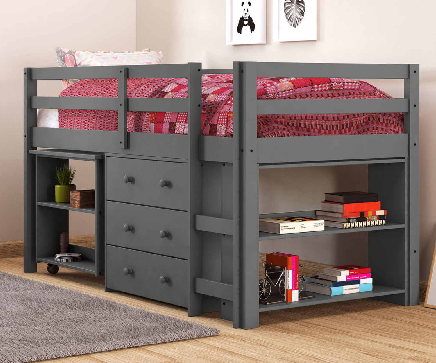 Donco Low Loft Bed with Desk and Storage Twin Size Grey Kids Furniture KFW