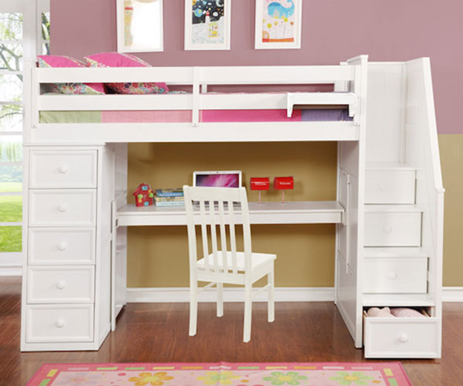 Allen House Study Loft Bed with Stairs Twin Size Kids Furniture KFW