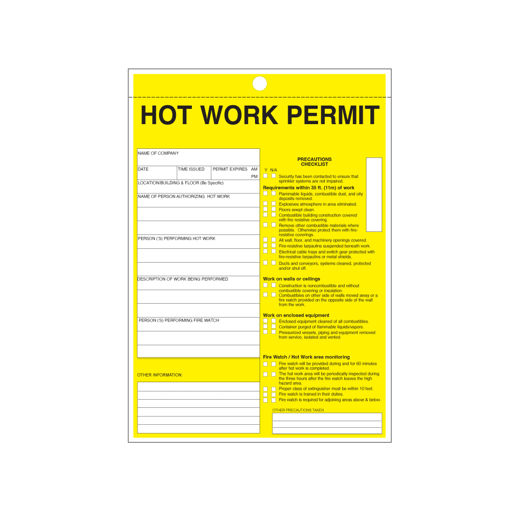 welding cutting, brazing hot work permit form tag