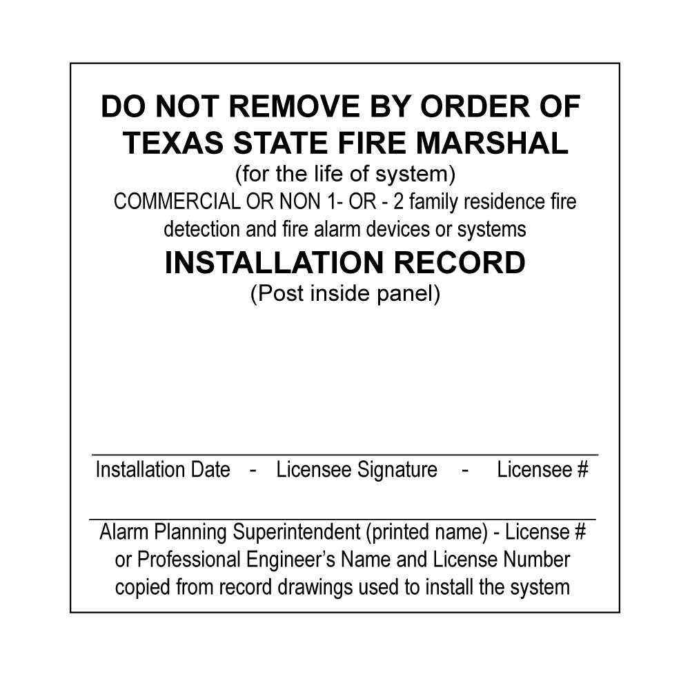 texas alarm system installation record label