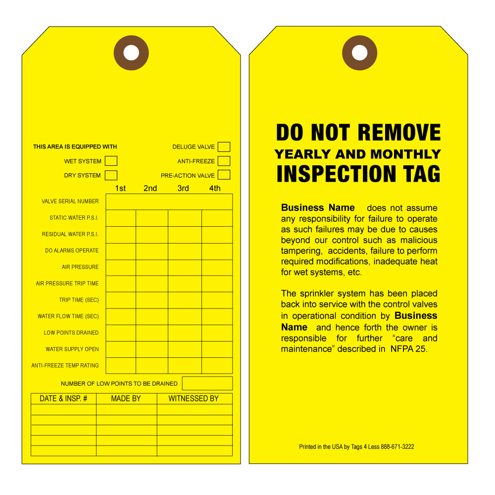 outdoor quarterly yearly fire sprinkler systems inspection tags