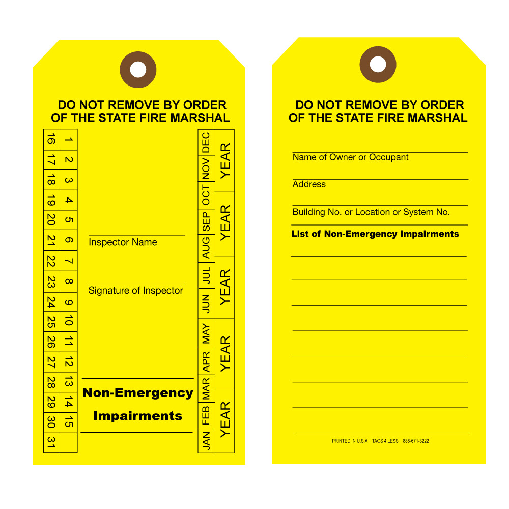 New York Yellow Non Emergency Impairment Sprinkler tags