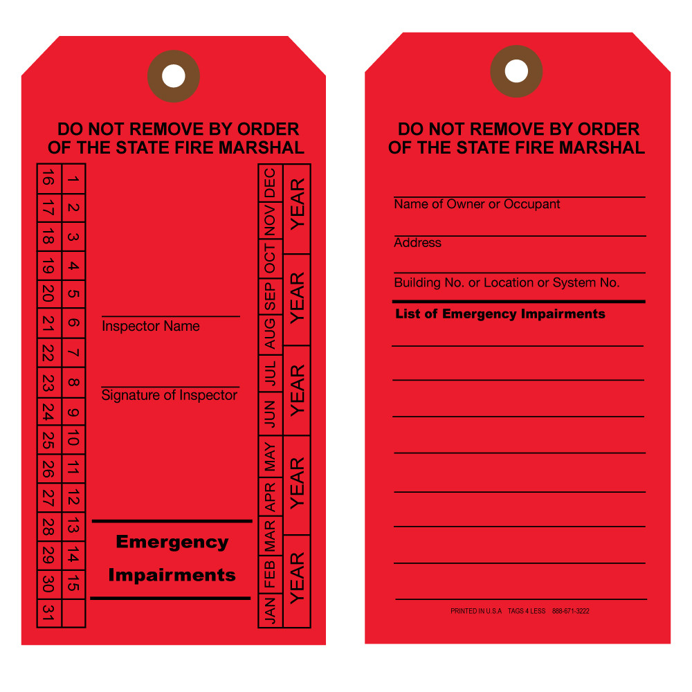 New York Red Emergency Impairment Sprinkler tags